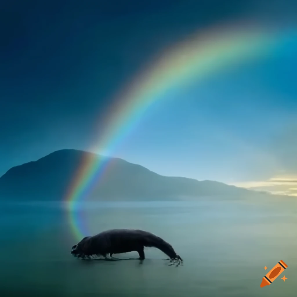 Playful anteaters in a field with swimming manatees in the clouds and ...
