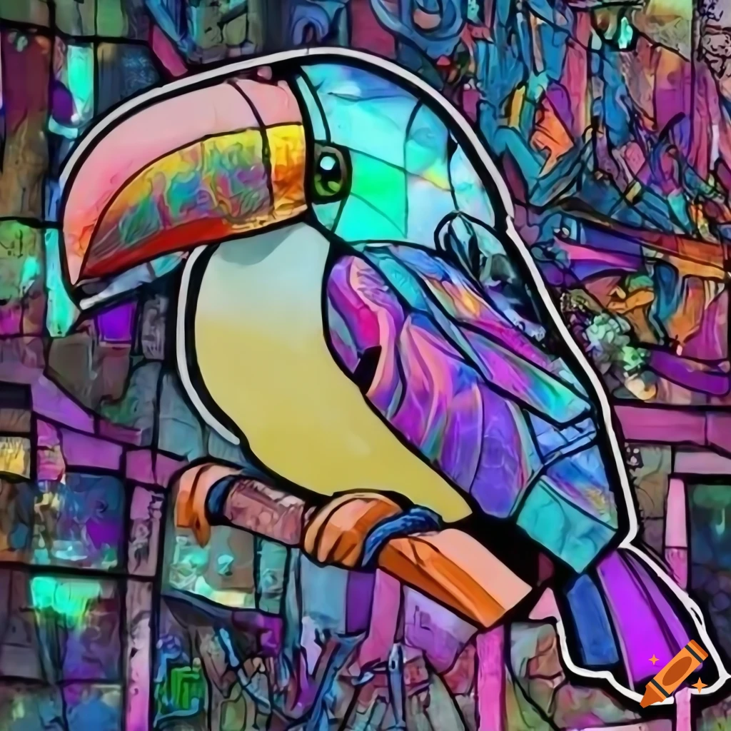 Punk toucan graffiti street art in stained glass style with holographic ...