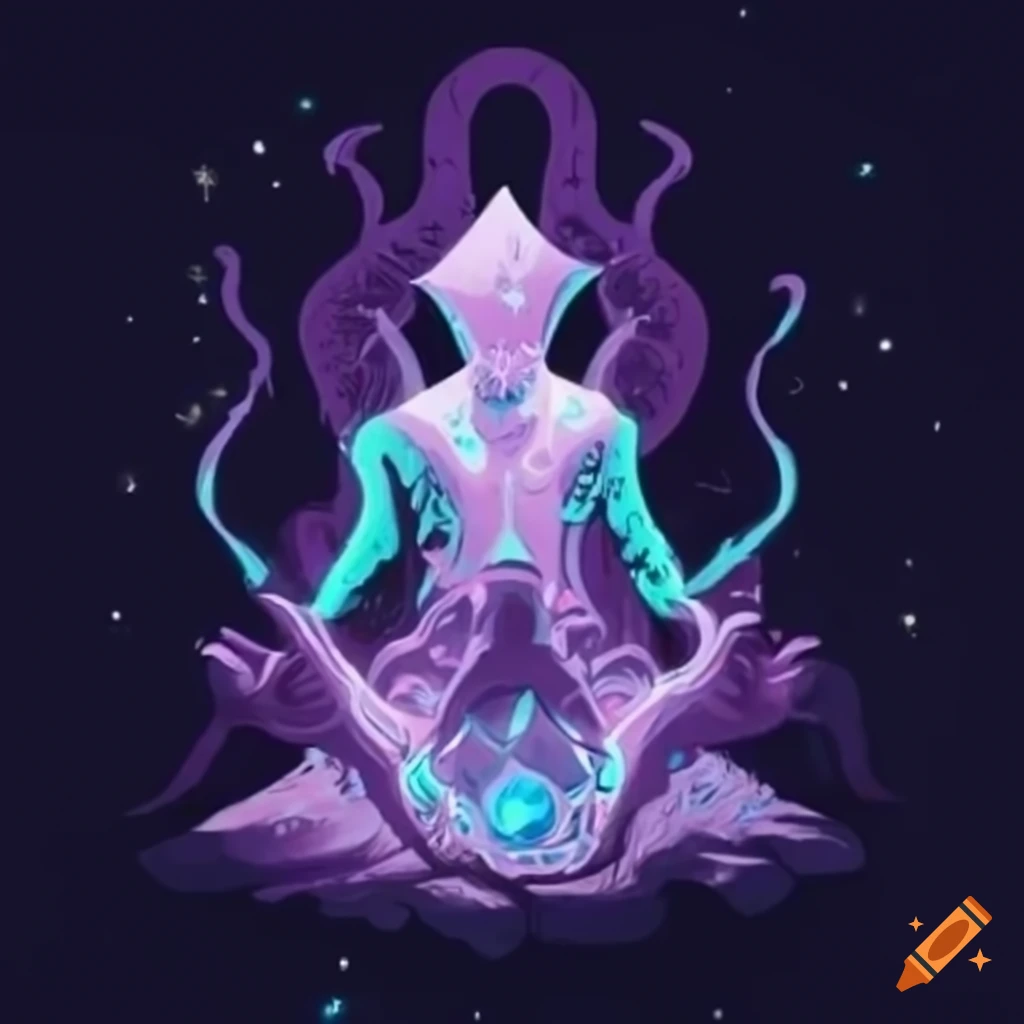 Eldritch god of crystals with a cosmic orb on a cosmic throne on Craiyon