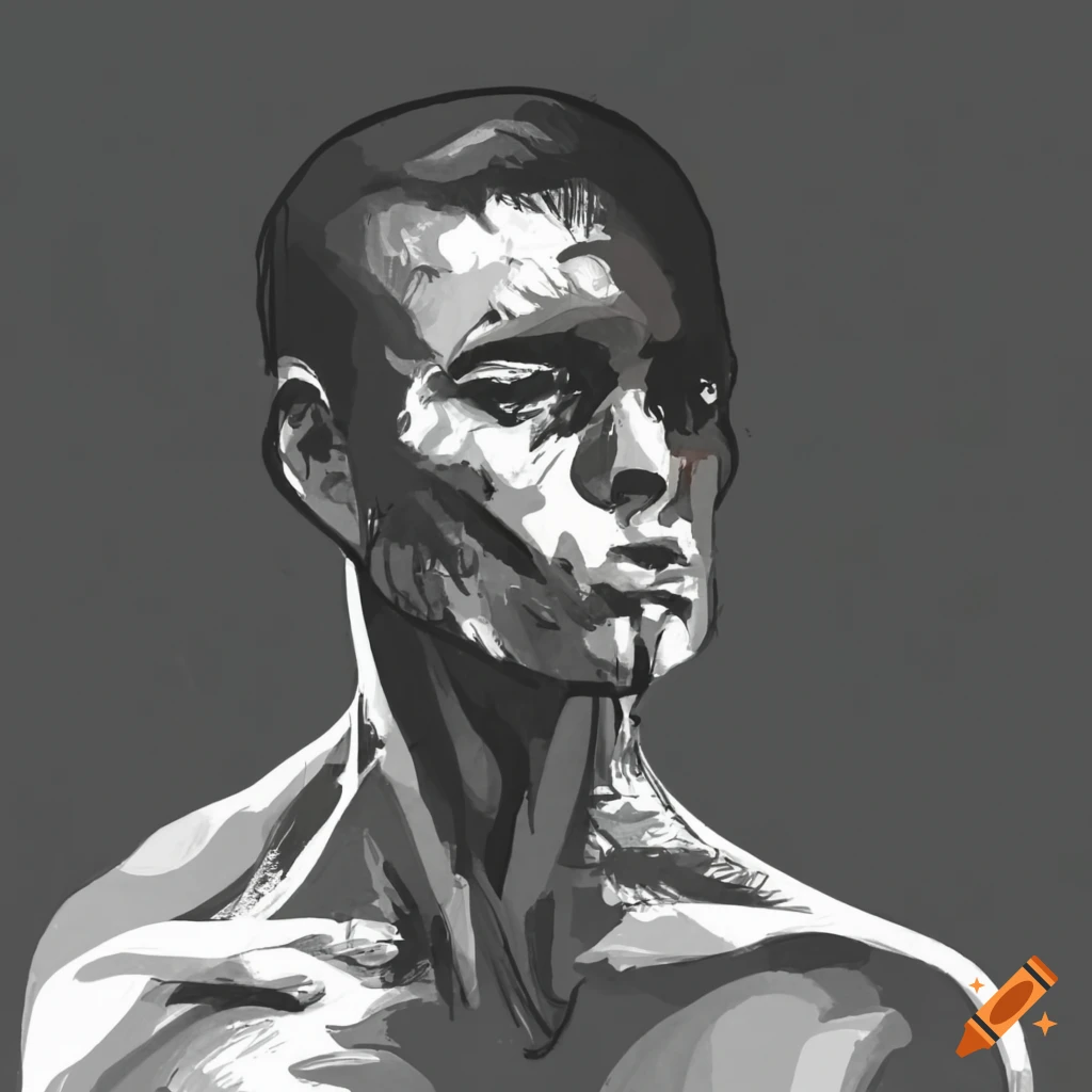 Sketch of a man with a bleeding right eye in black and white on Craiyon