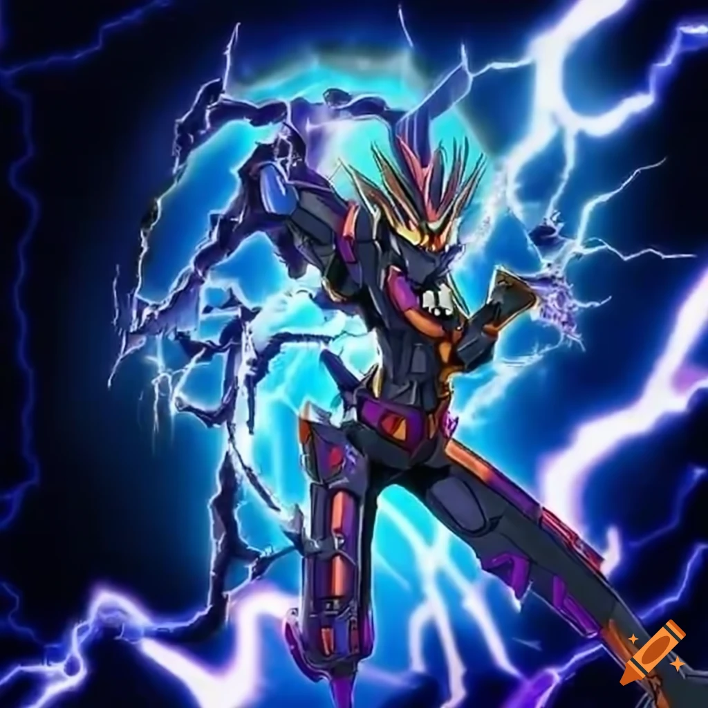Yugioh masked machine monster launching lightning bolts on Craiyon