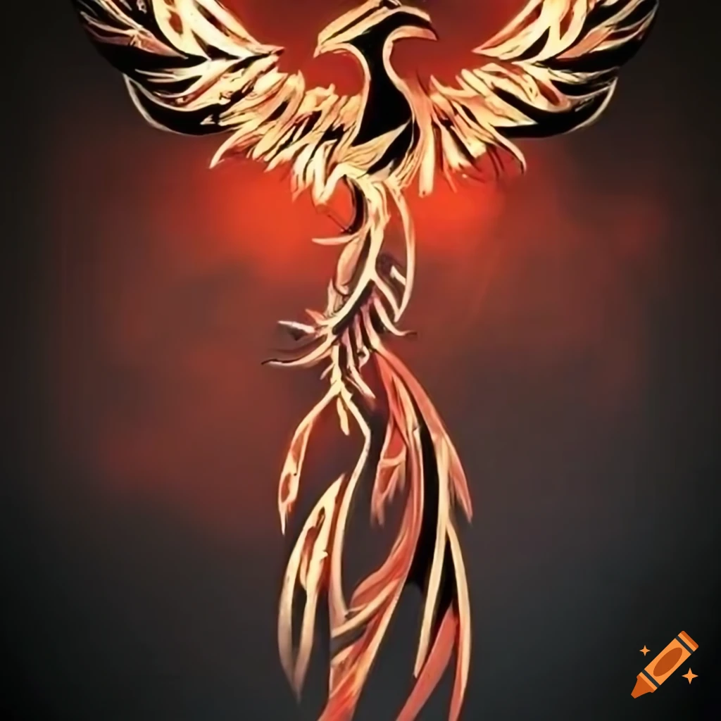 Phoenix rising depicted in tribal ink style on Craiyon