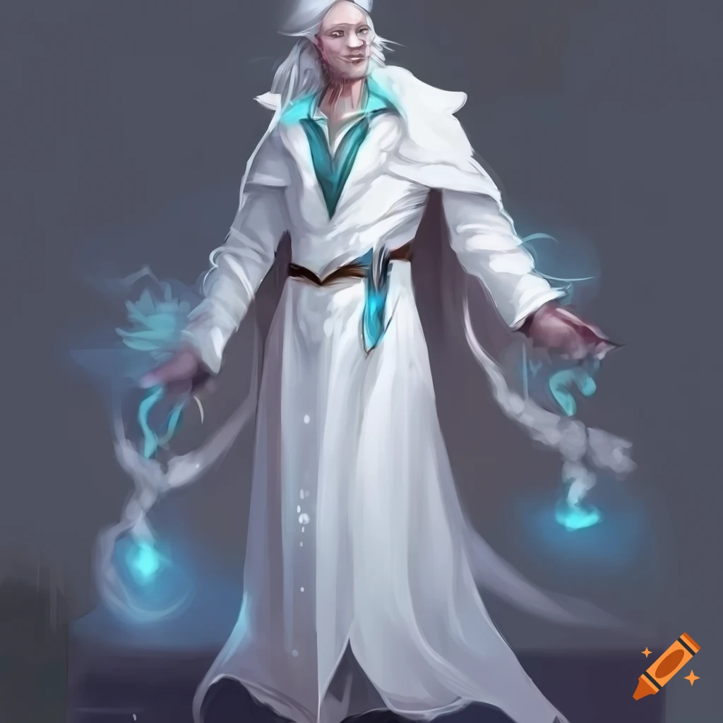 Male Astral Elf artificer in a white lab coat on Craiyon