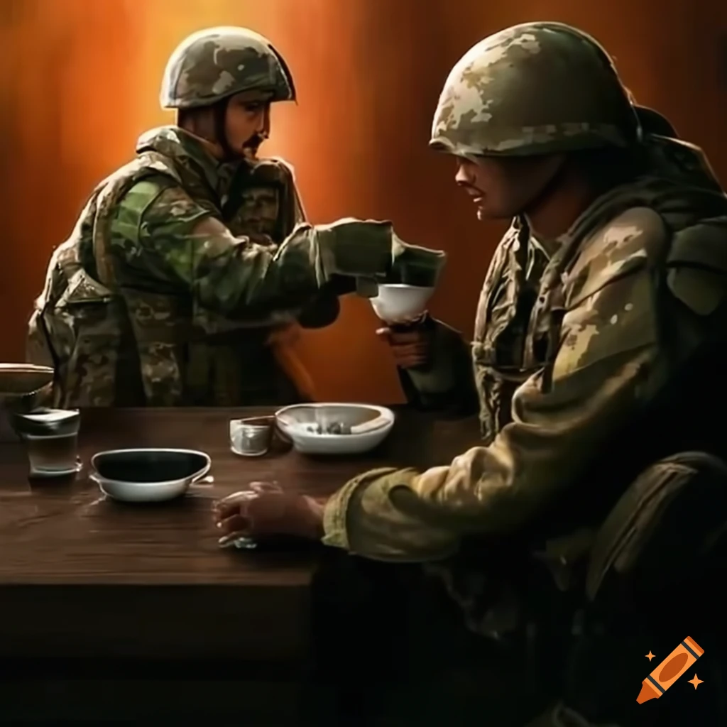 Two soldiers having tea together on Craiyon