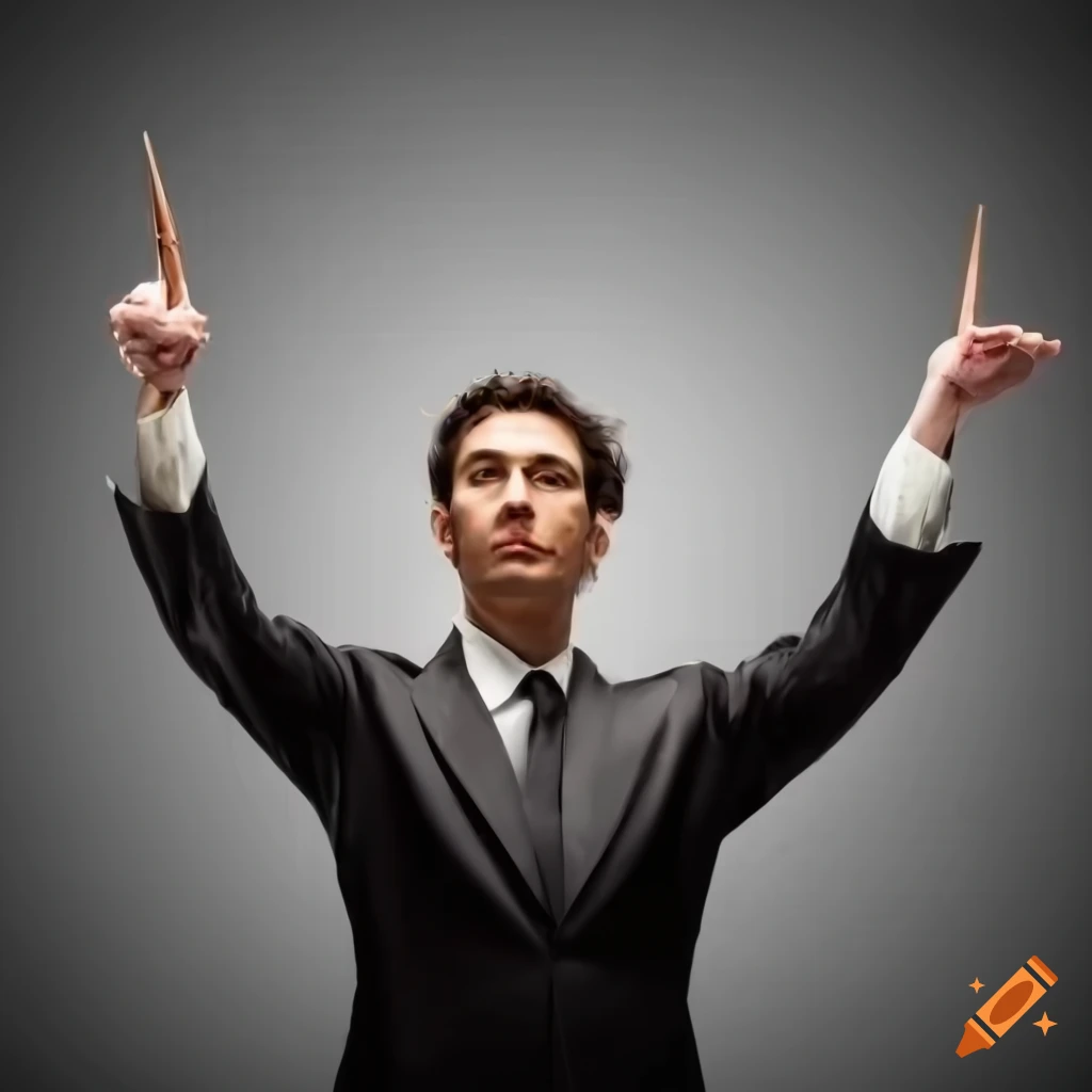 Orchestra conductor with hands raised on white background on Craiyon