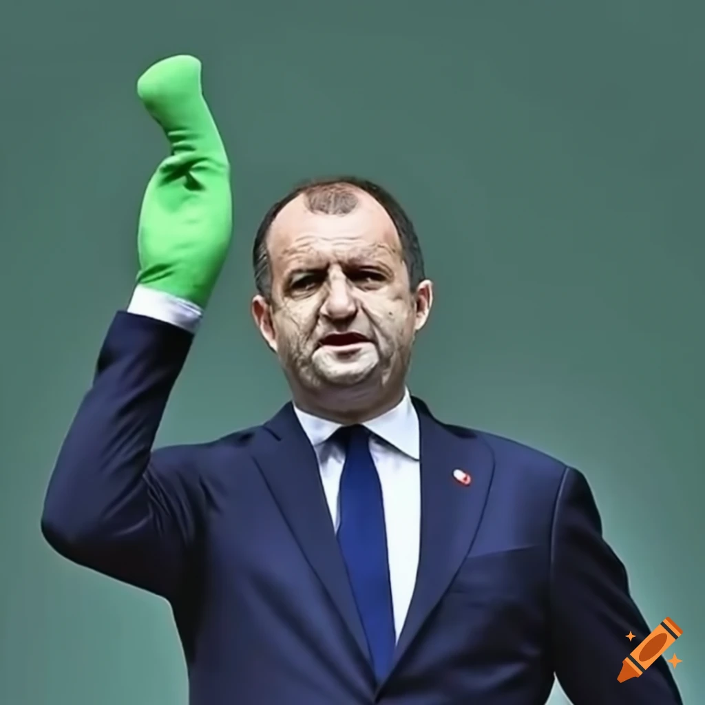 Bulgarian president rumen radev with a green sock hat screaming on Craiyon