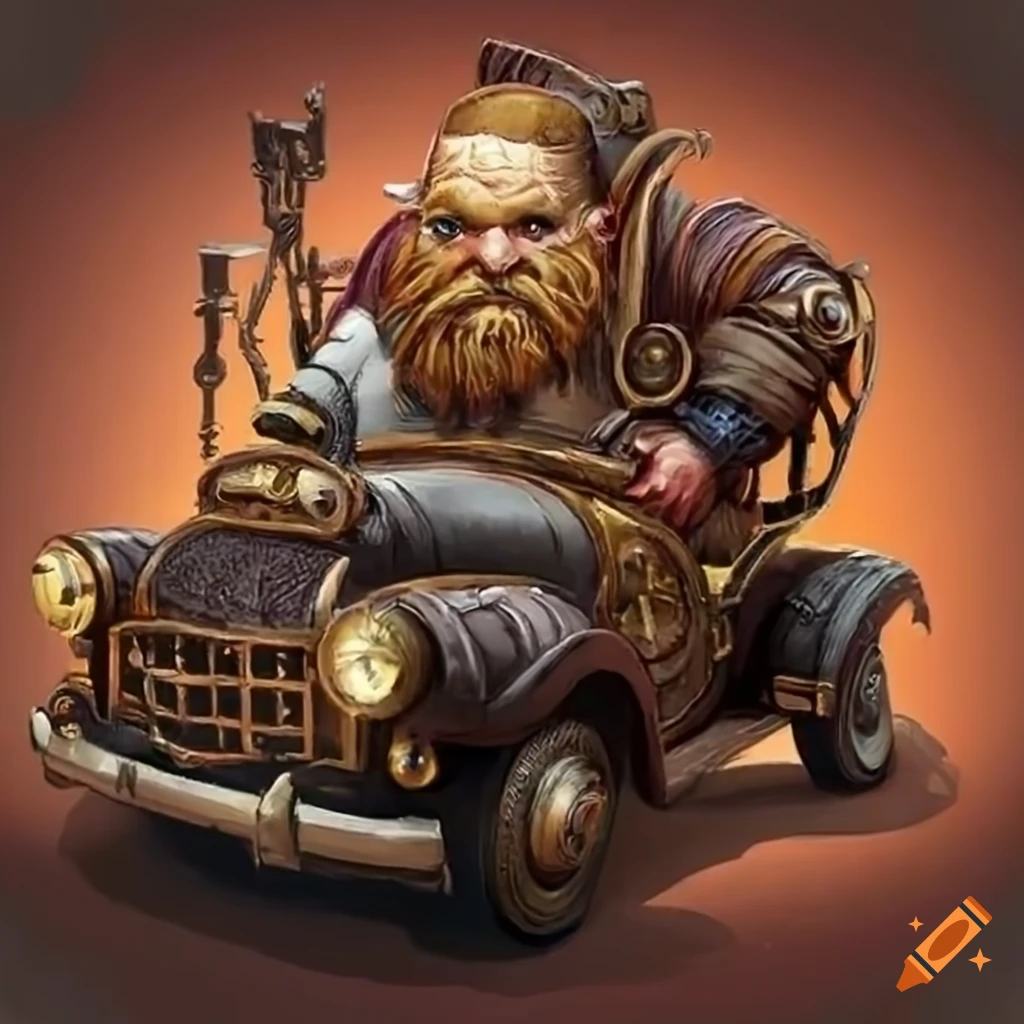 Dwarf in a steampunk car on Craiyon