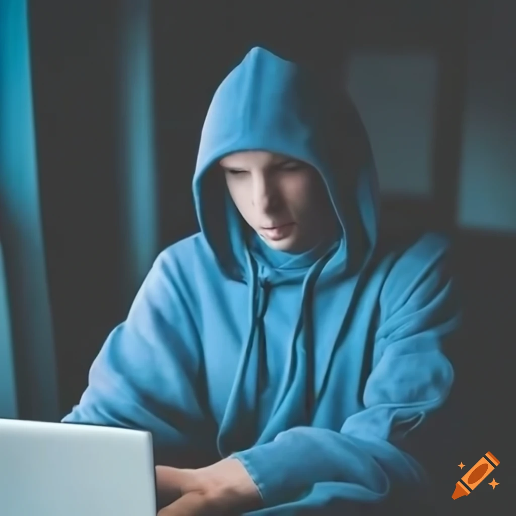Man in blue hoodie sitting at desk and coding on laptop on Craiyon