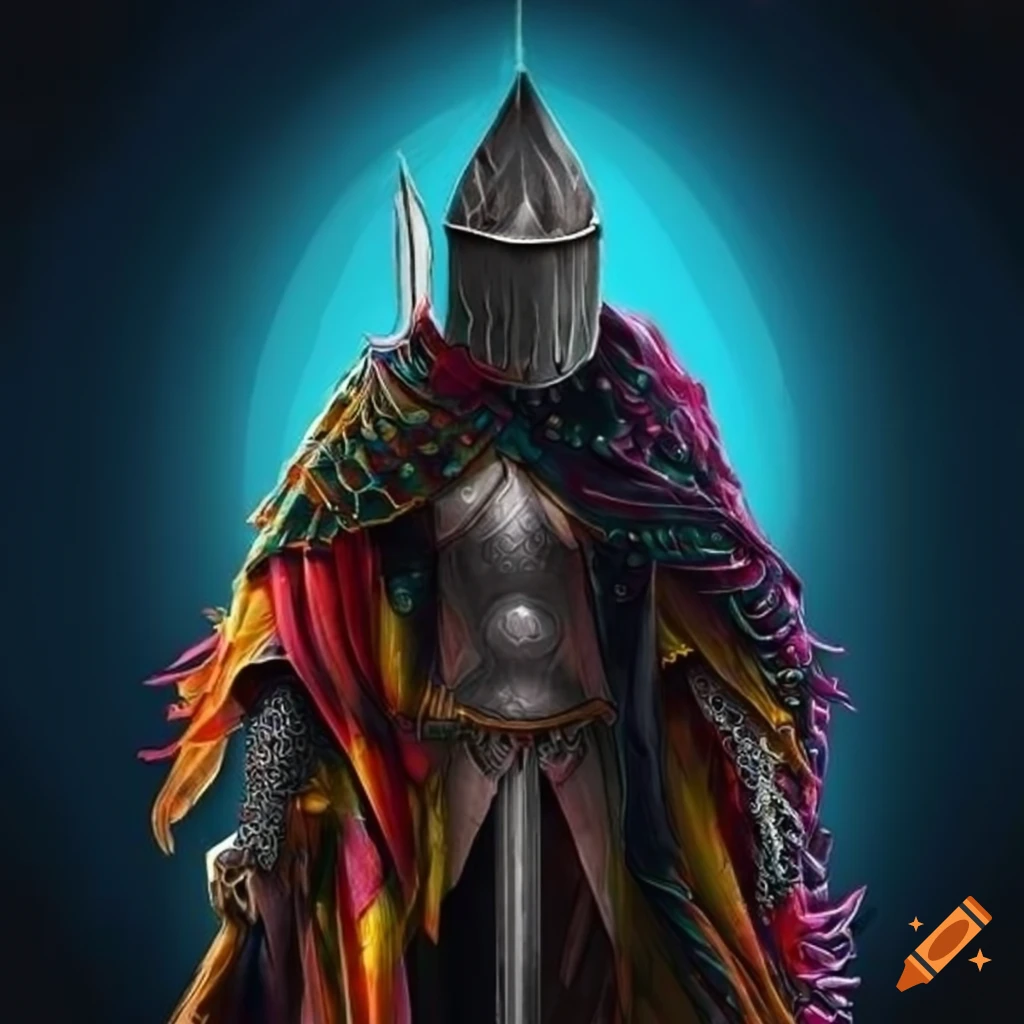 Knight in raven armor wearing colorful poncho with intricate designs on ...