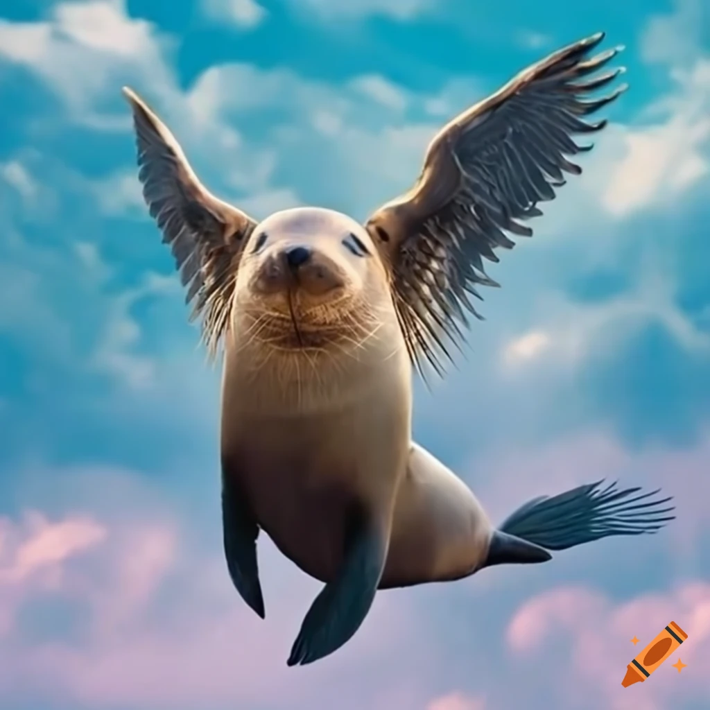 Fur seal with angel wings flying in the sky with clouds on Craiyon