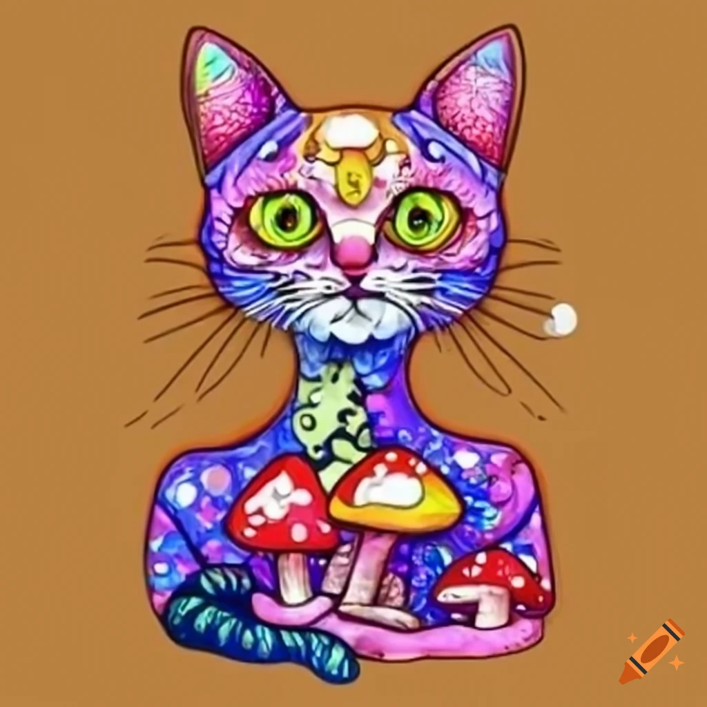 Trippy cat eating mushrooms in mystical forest on Craiyon