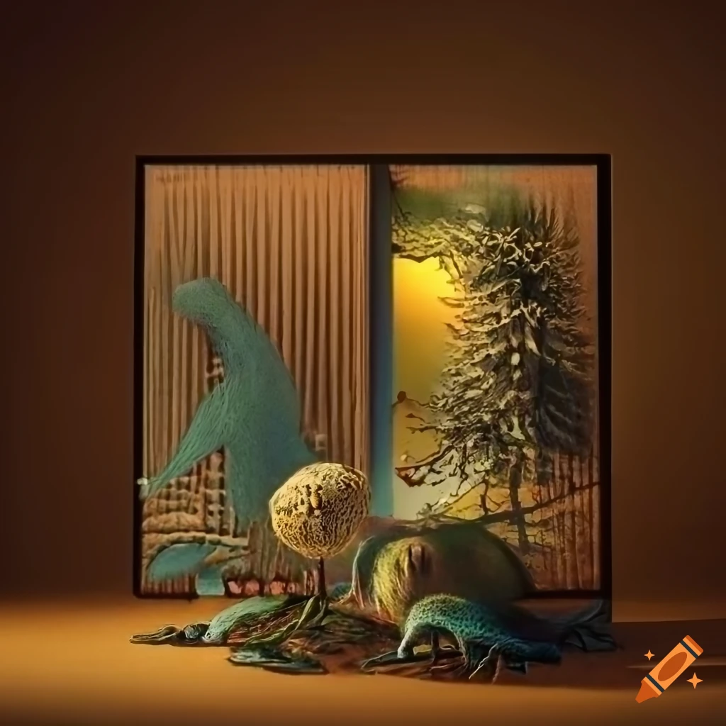 Joseph Cornell diorama inspired by Salish motifs with diverse wildlife and flora on Craiyon