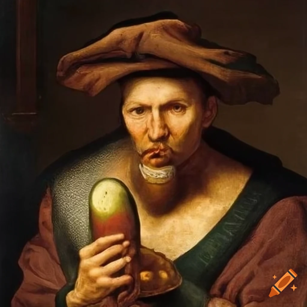 Renaissance man eating a pickle in a historical setting on Craiyon