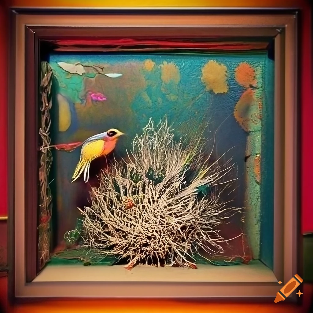 Joseph Cornell inspired diorama with nature and wildlife elements on Craiyon