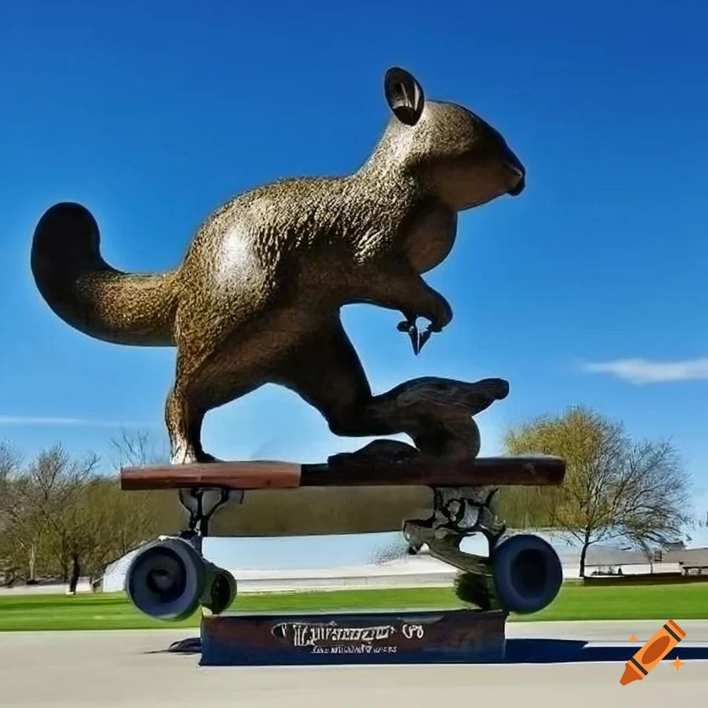 Textured bronze squirrel monument doing a skateboard trick with visitors on Craiyon