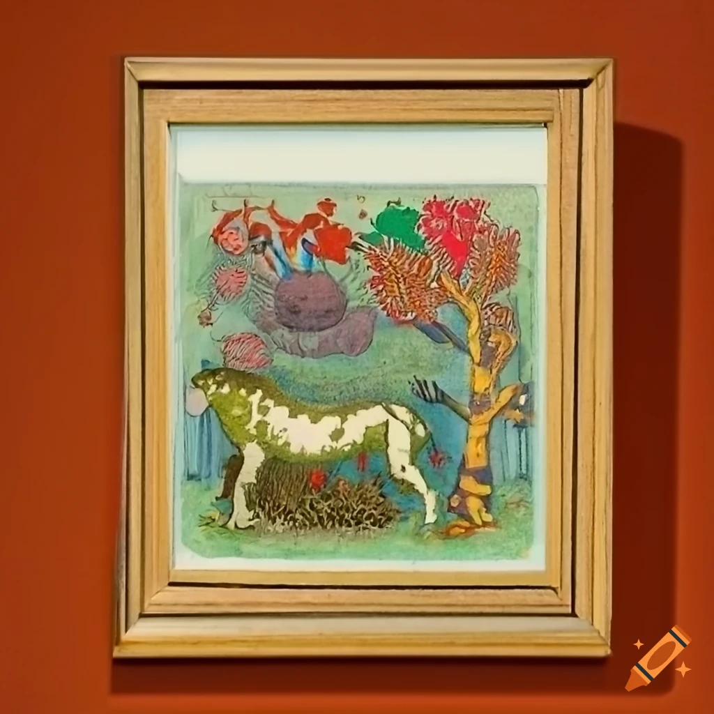 Joseph cornell diorama inspired by salish motifs in a lush natural setting with diverse wildlife ...