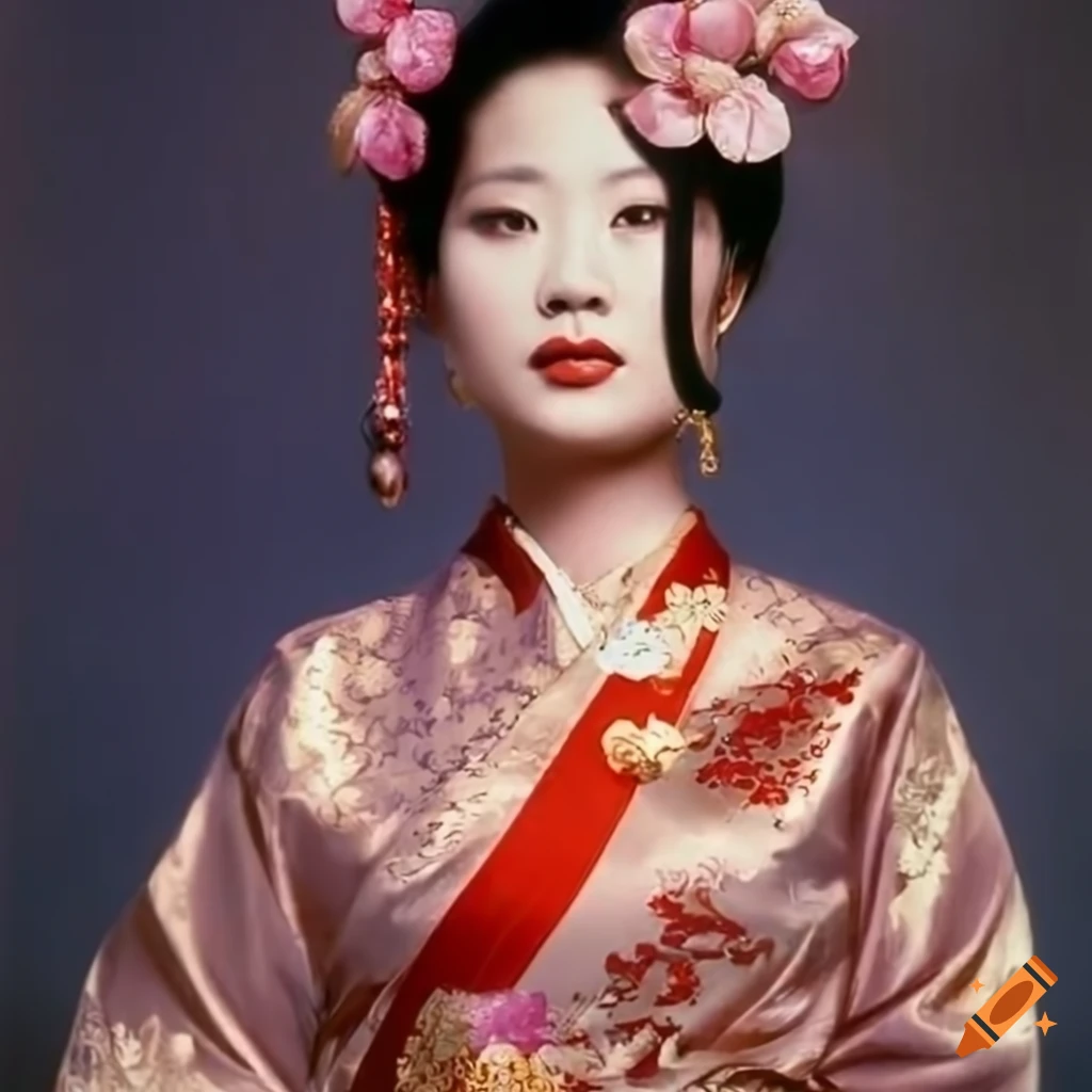 1980s glamour shot of a Chinese woman in a rose gold Qing robe with red ...