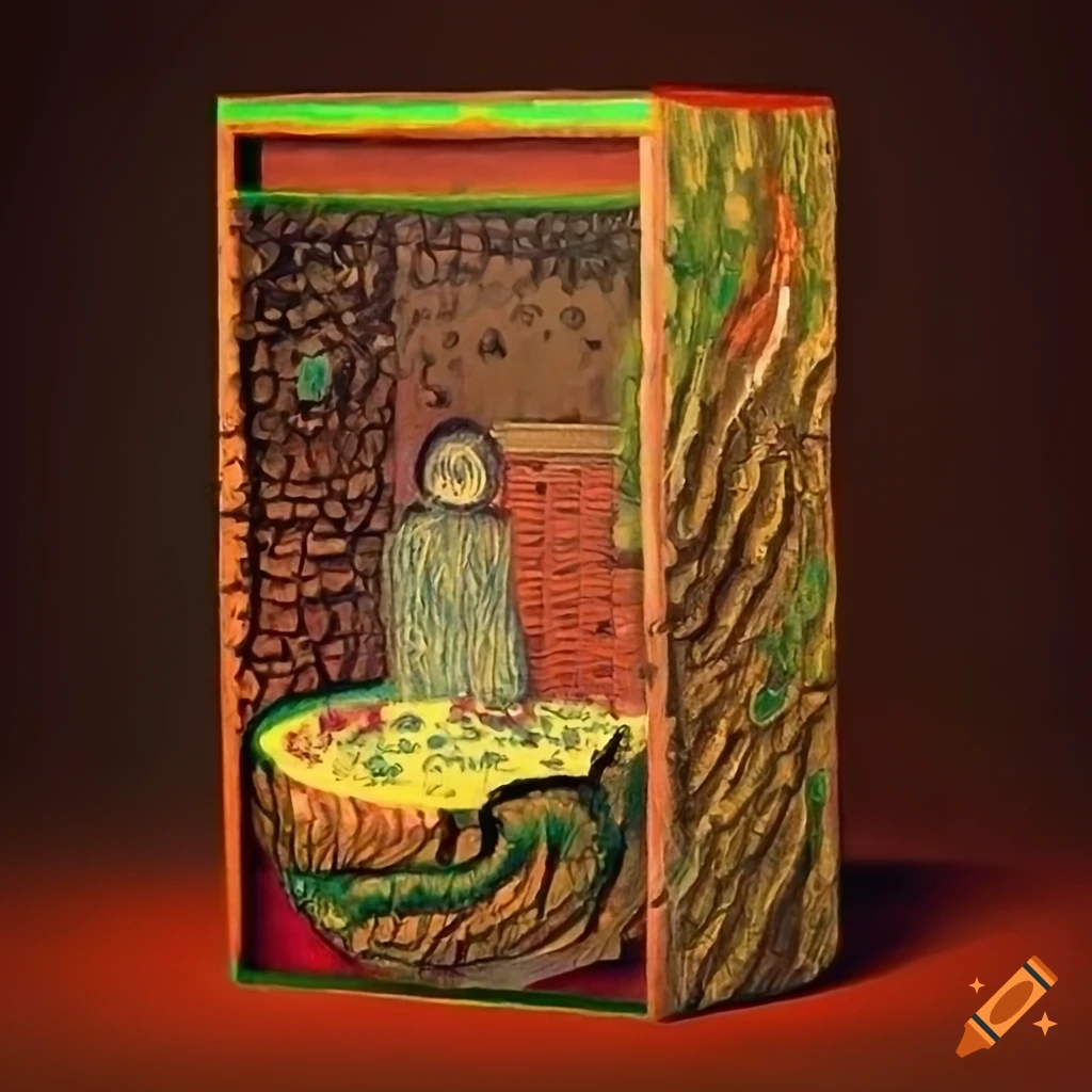 Joseph Cornell box with Salish inspired designs, nature elements, birds, and animals on Craiyon