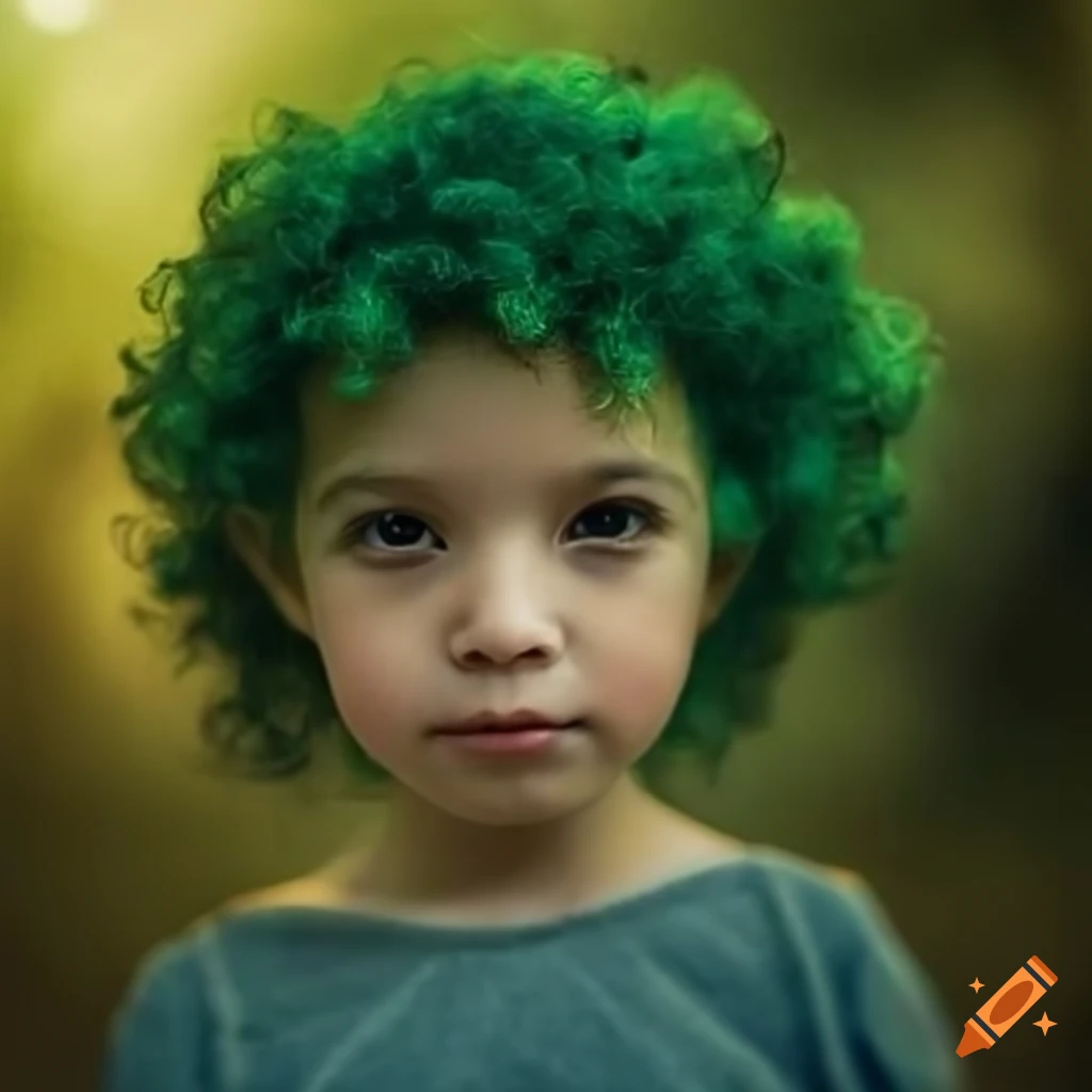 Green-skinned forest spirit child with curly green hair on Craiyon