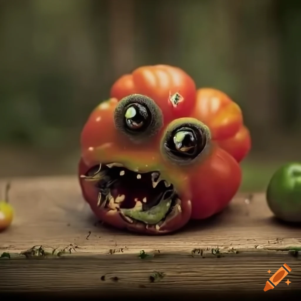 Close-up portrait of the rotten tomato fruit monster in a micro ...