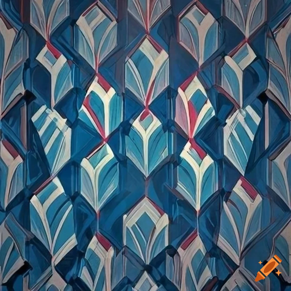Art deco wallpaper in blue, red, and white on Craiyon