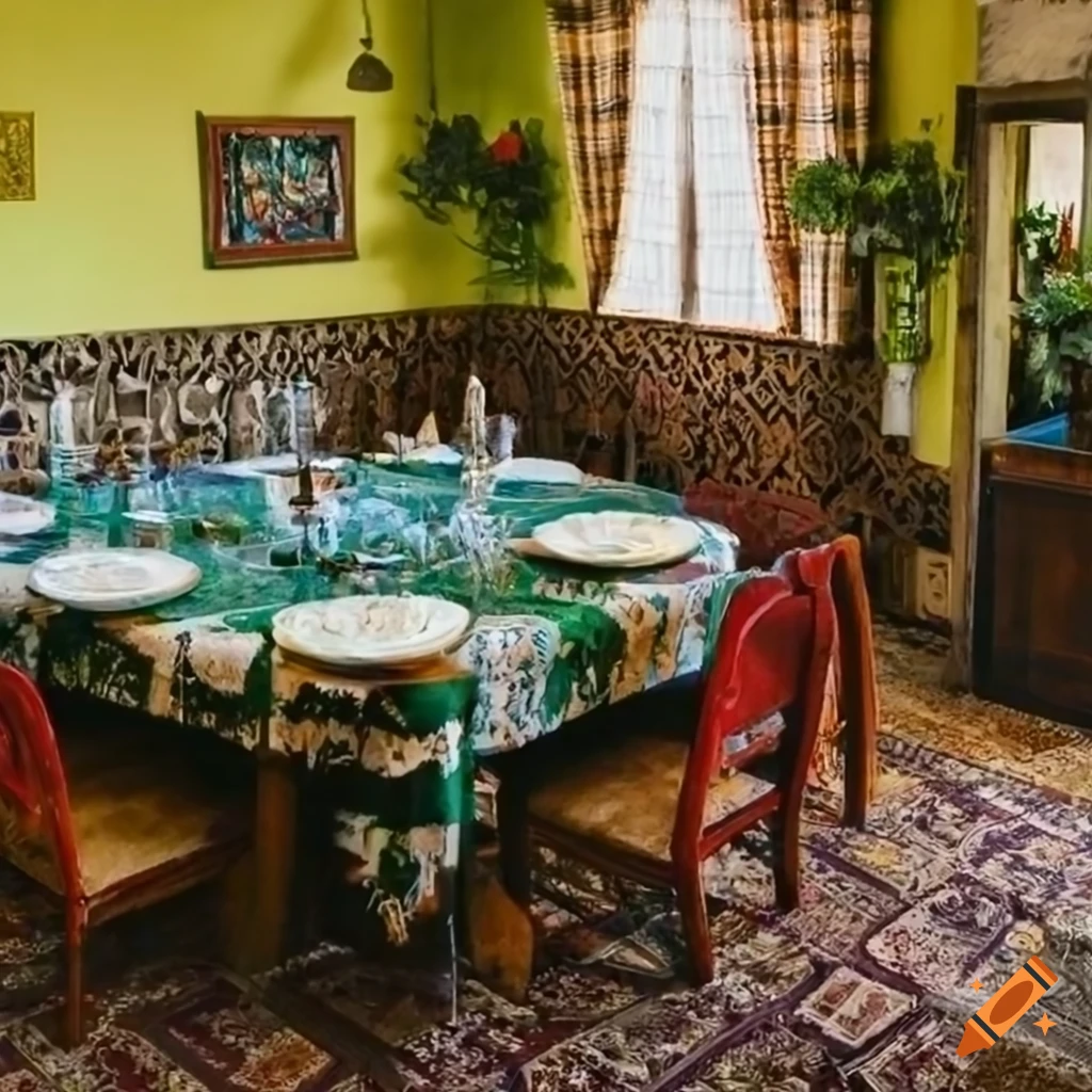 Intricate and vibrant artwork of a decorated Romanian house with a lush ...