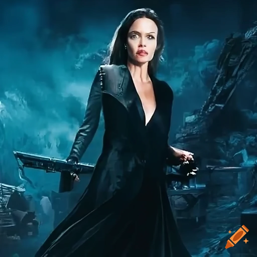 Angelina Jolie in a movie scene from Bladerunner in a full body action shot on Craiyon