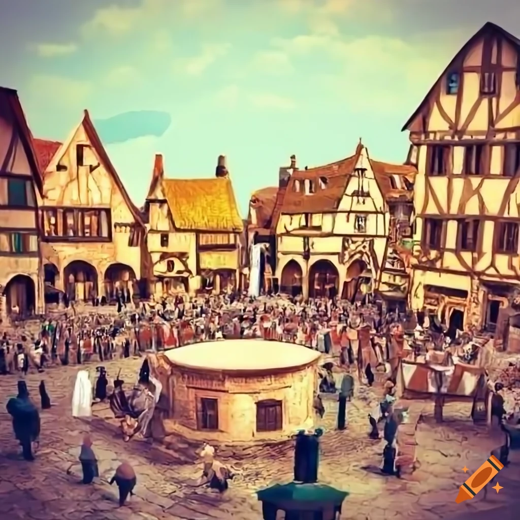 Crowded medieval village town square with a podium on Craiyon