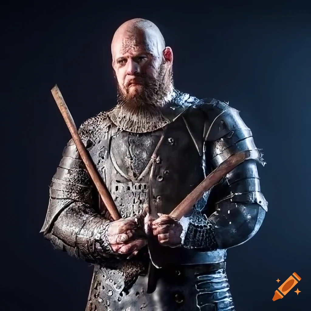 Intimidating warrior in tattered armor holding a rusted axe on Craiyon