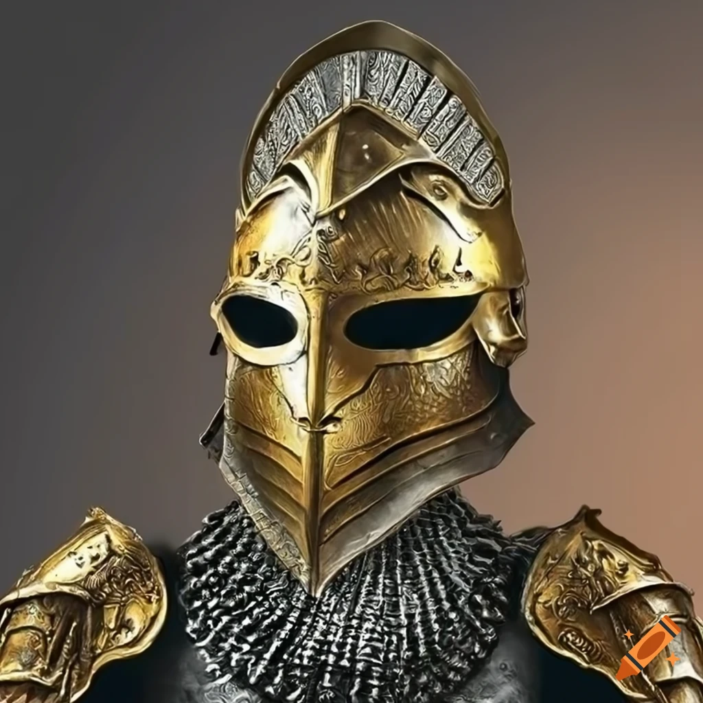 Golden suit of armor with lion helmet in a dark fantasy setting on Craiyon