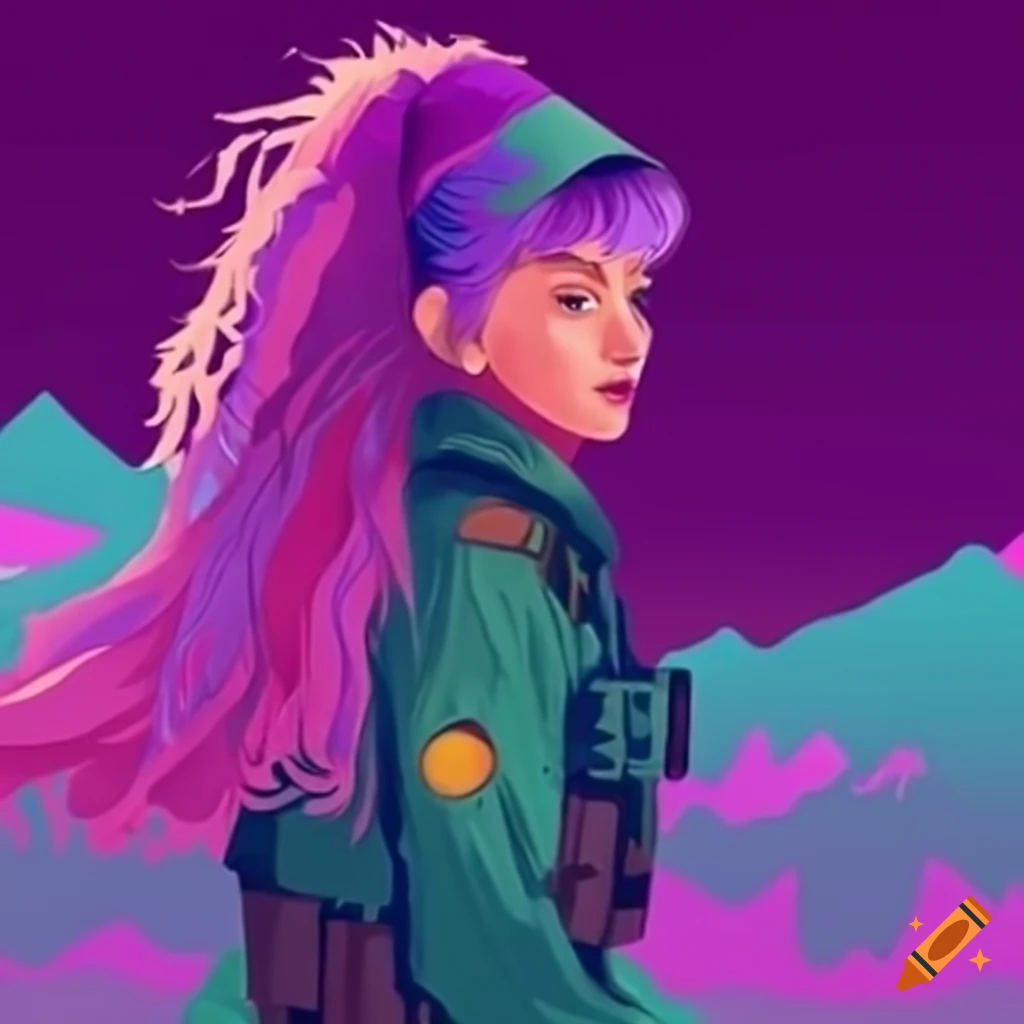 Girl with purple 80s style hair leading an army in mountains on Craiyon