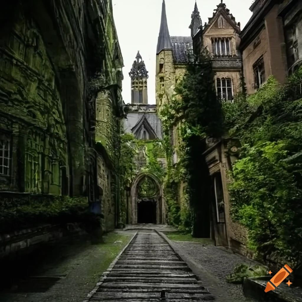 Gothic city with buildings covered in lush foliage on Craiyon