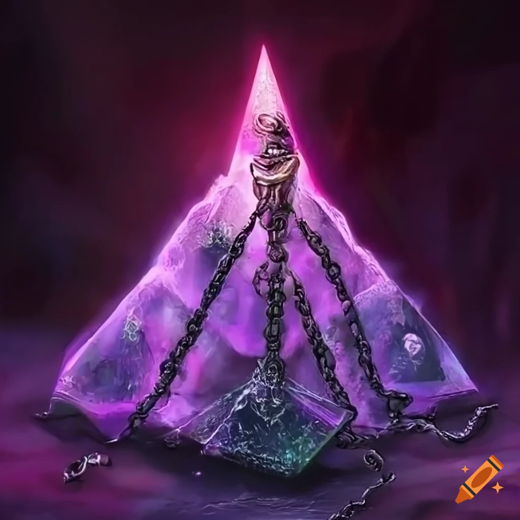 Chaos-infused pyramid with eldritch crystal and lightning in an ...