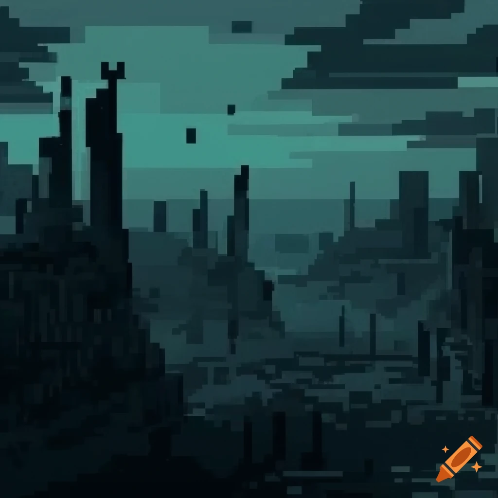 Dramatic post-apocalyptic pixel art landscape with dark colors on Craiyon