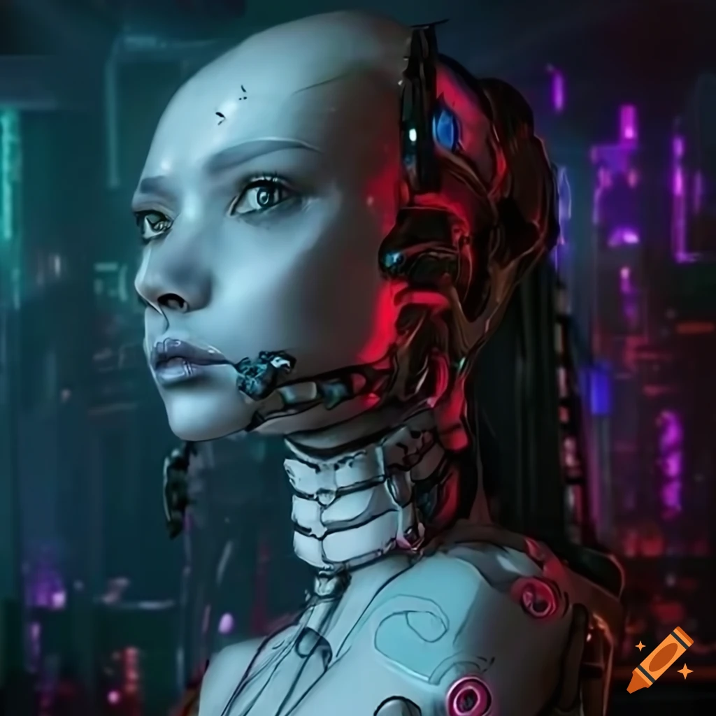 Female cyborg goddess in a dark cyberpunk cityscape on Craiyon