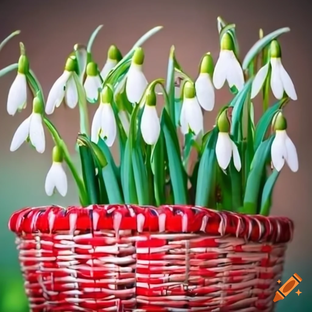 Snowdrops in a traditional red-white basket on Craiyon