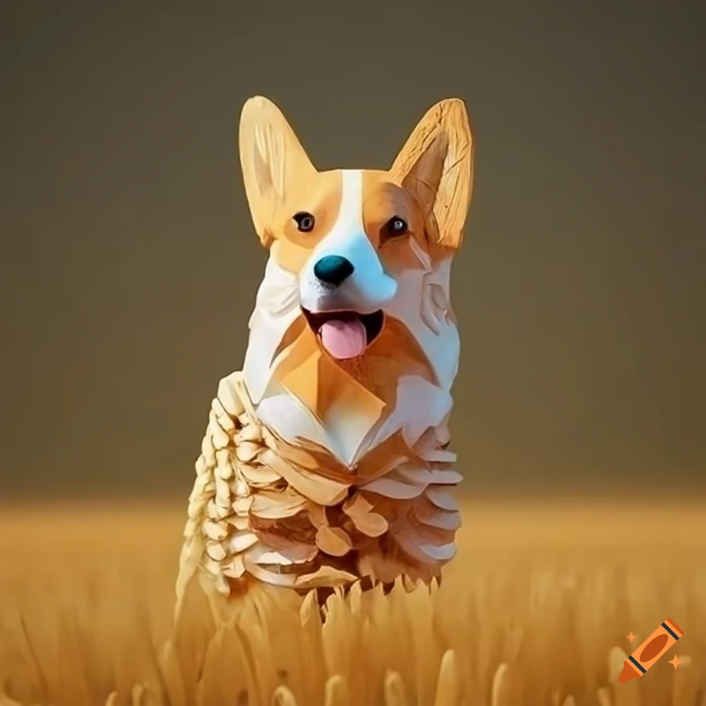 Realistic corgi sculpture carved from wheat stalks in golden fields on ...