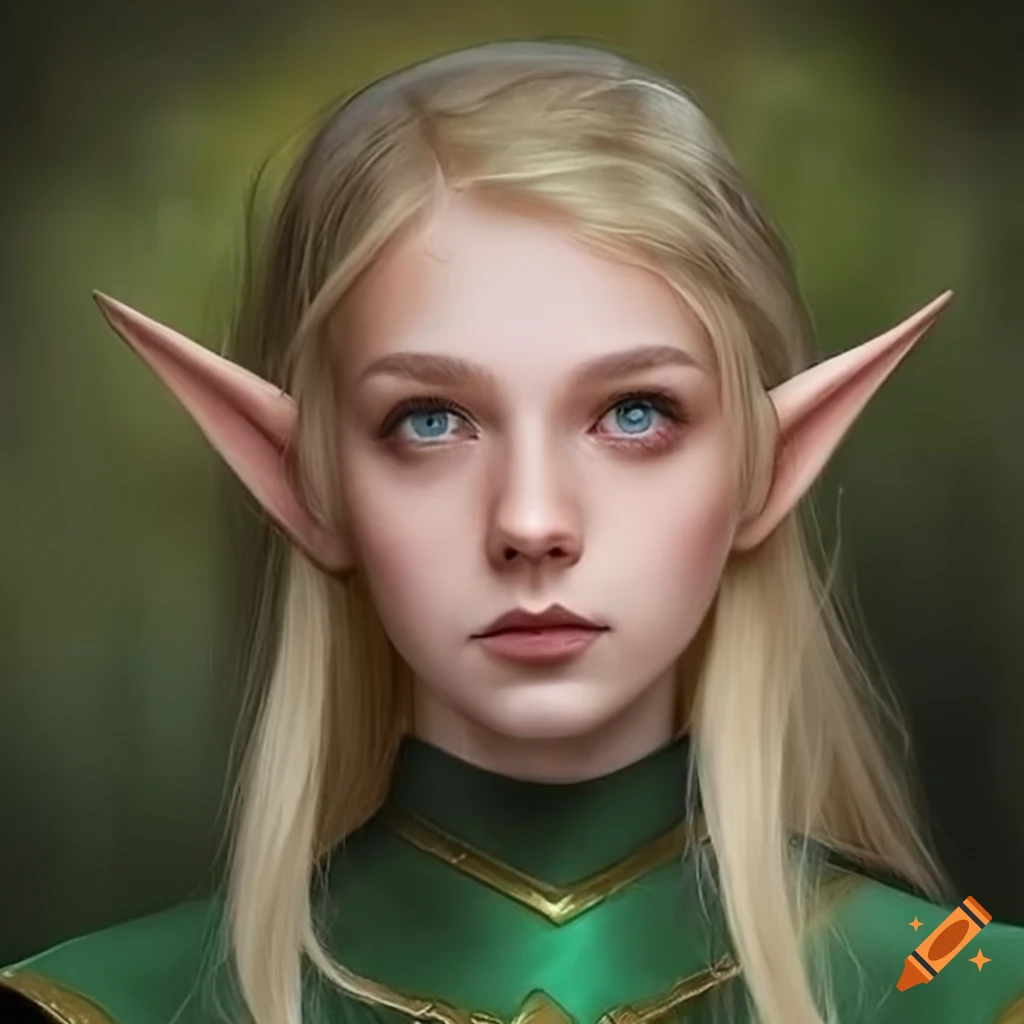 Beautiful young female elf with blonde hair in a green tunic on Craiyon