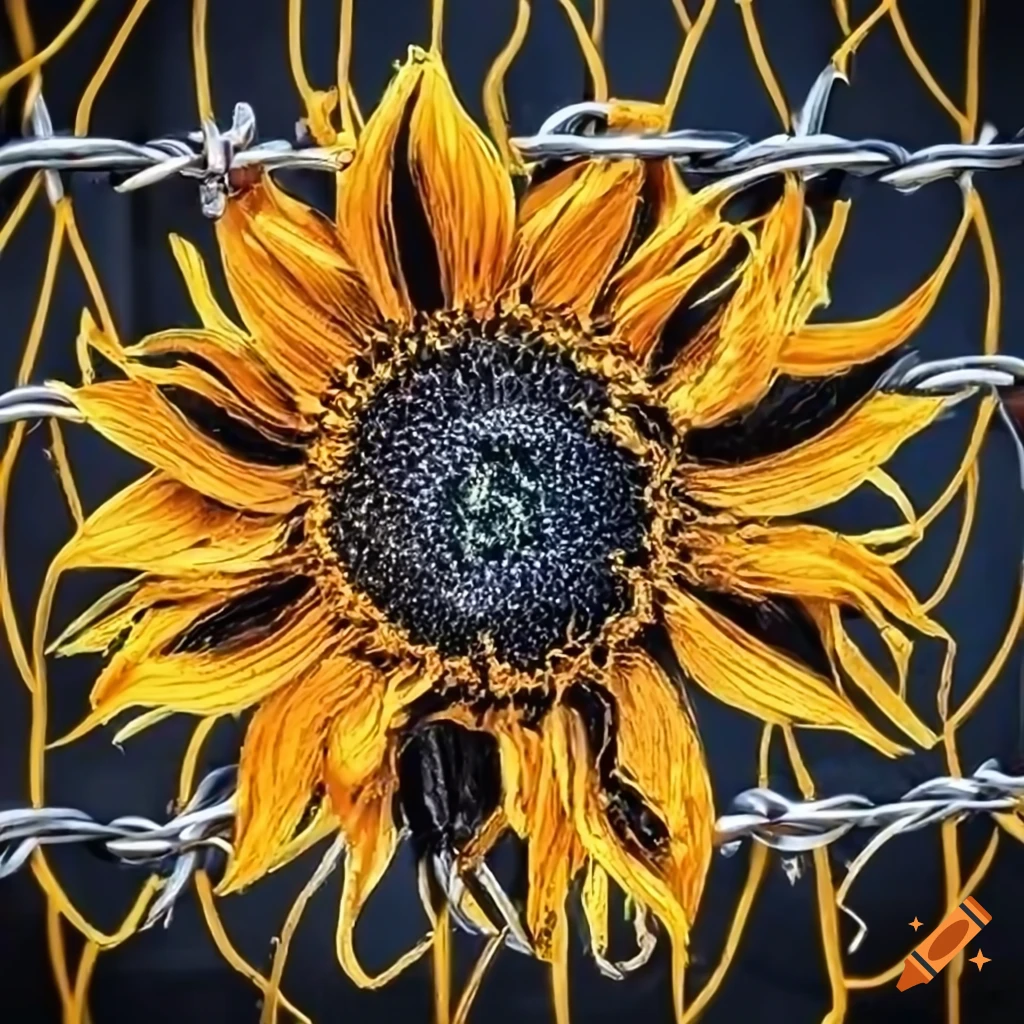 Van Gogh-style mechanical sunflowers with chrome barbed wire on Craiyon
