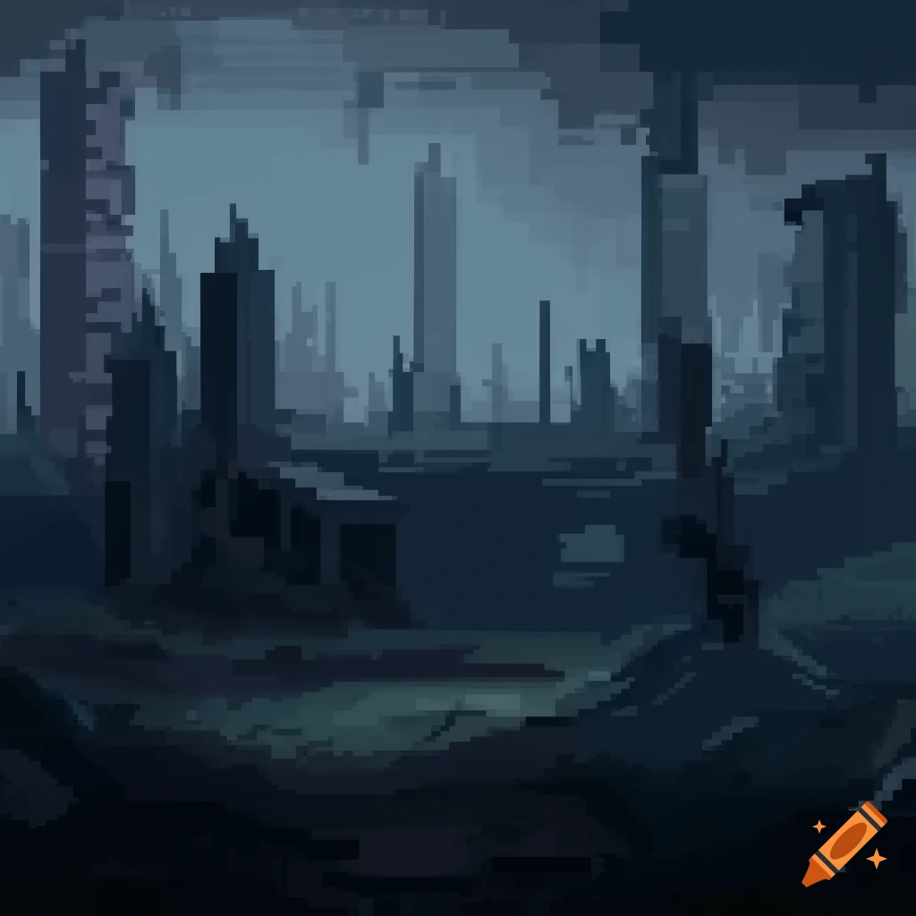 Dramatic post-apocalyptic pixel art landscape with dark colors on Craiyon