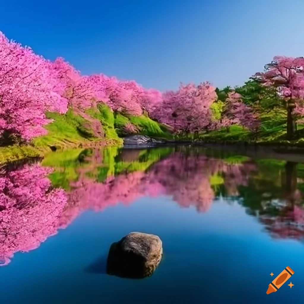 Japanese Cherry Trees by Saltwater Mountain Lake on Craiyon
