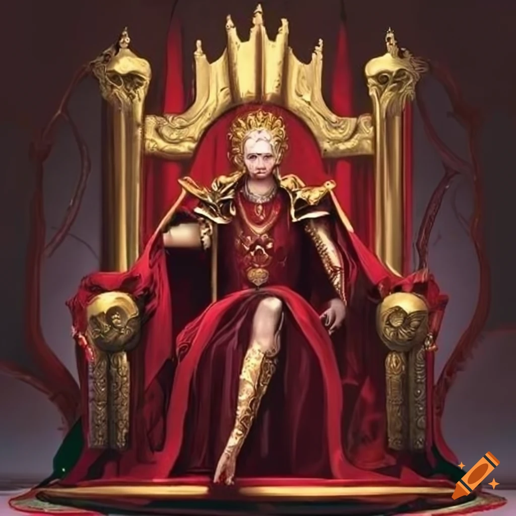 Crimson throne with a king wearing a gold crown with ruby on Craiyon