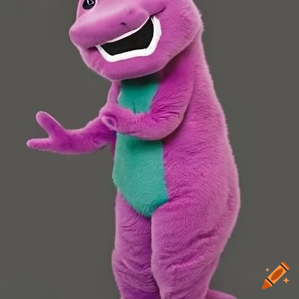 Weasel in a full body barney mascot costume on Craiyon