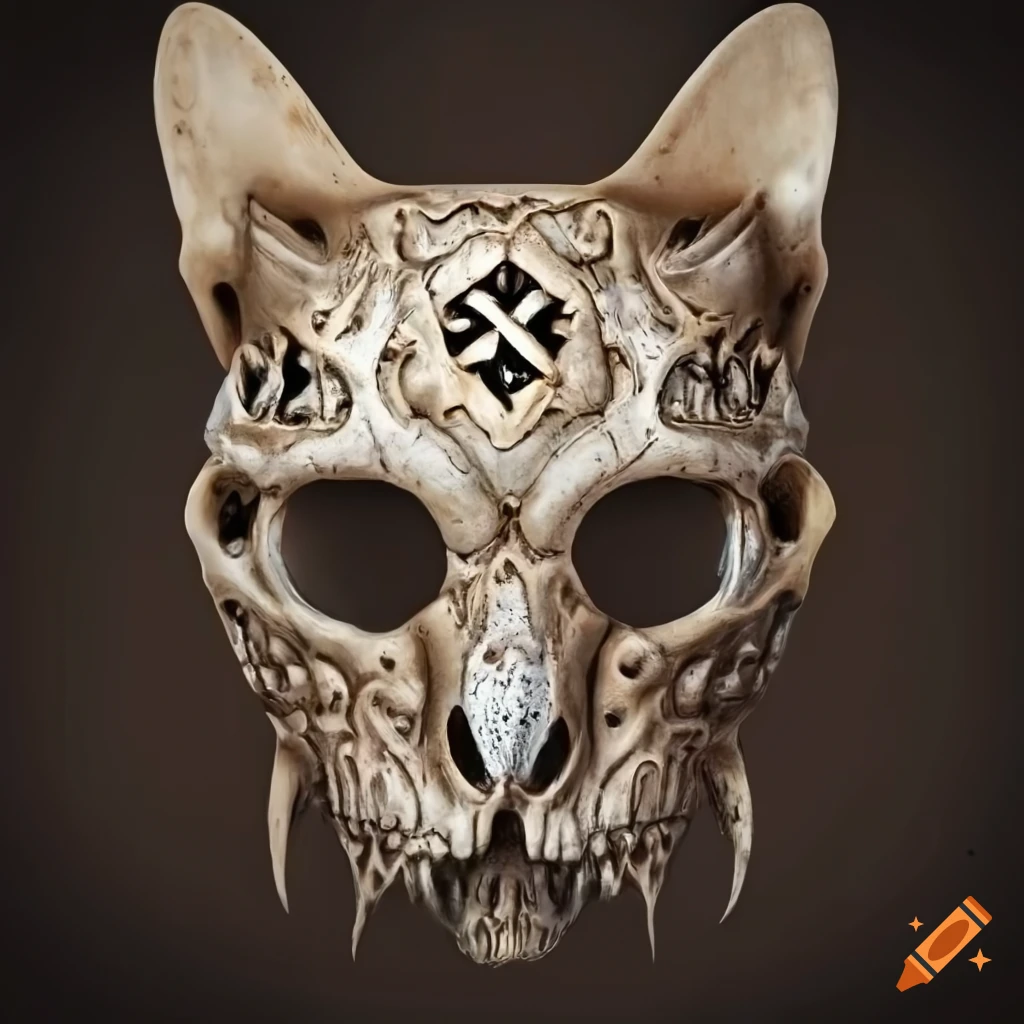 Biomechanical cat skull death mask with norse runes on bear pelt ...