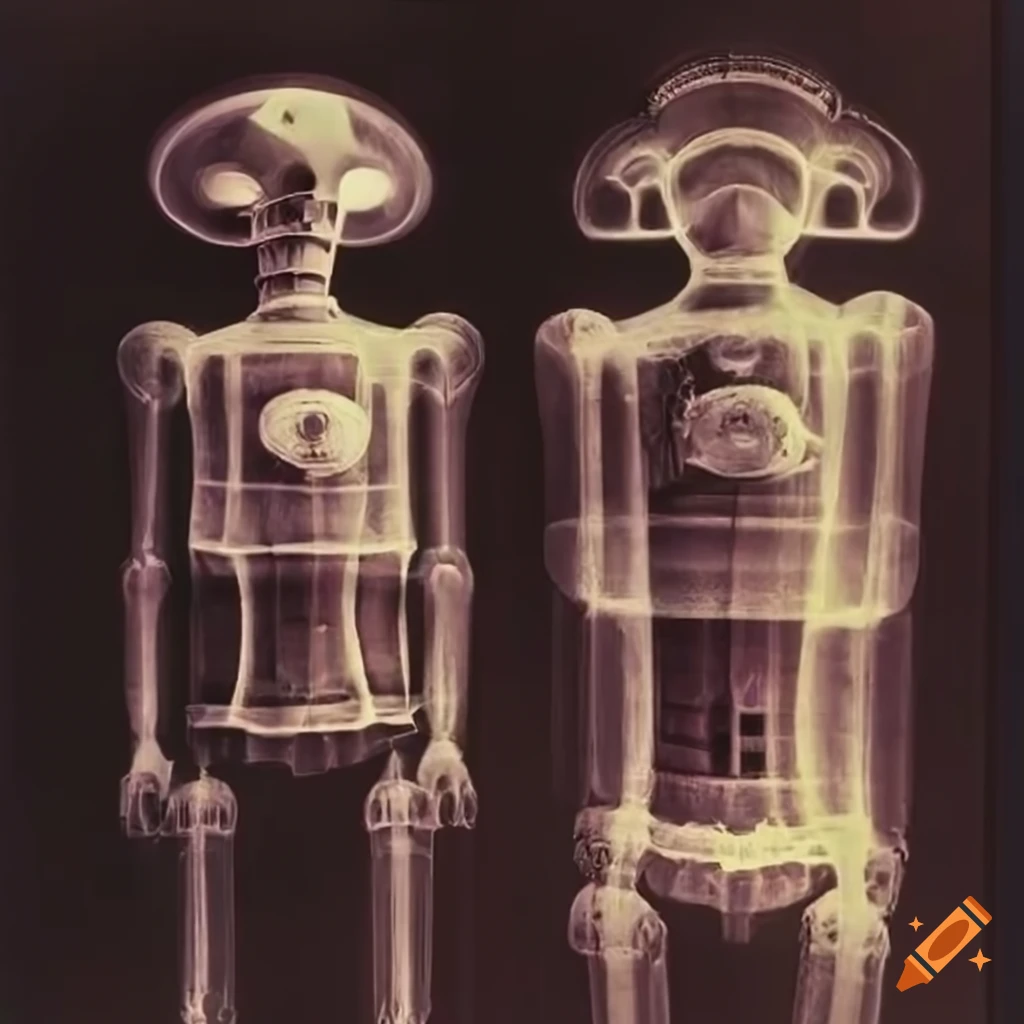 1920s x-ray of alien robots in an ice cream store with extravagant ...
