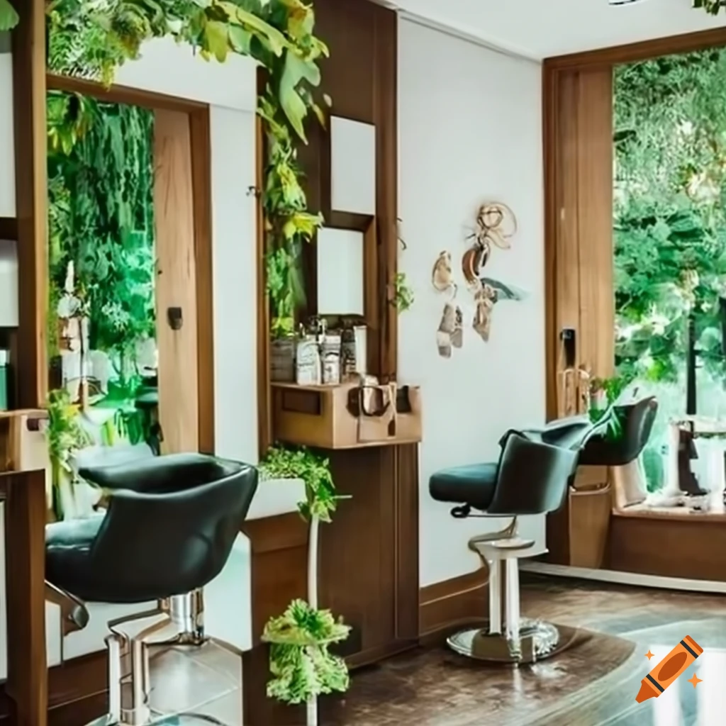 Chic hair salon with elegant wooden interiors set in lush greenery on ...