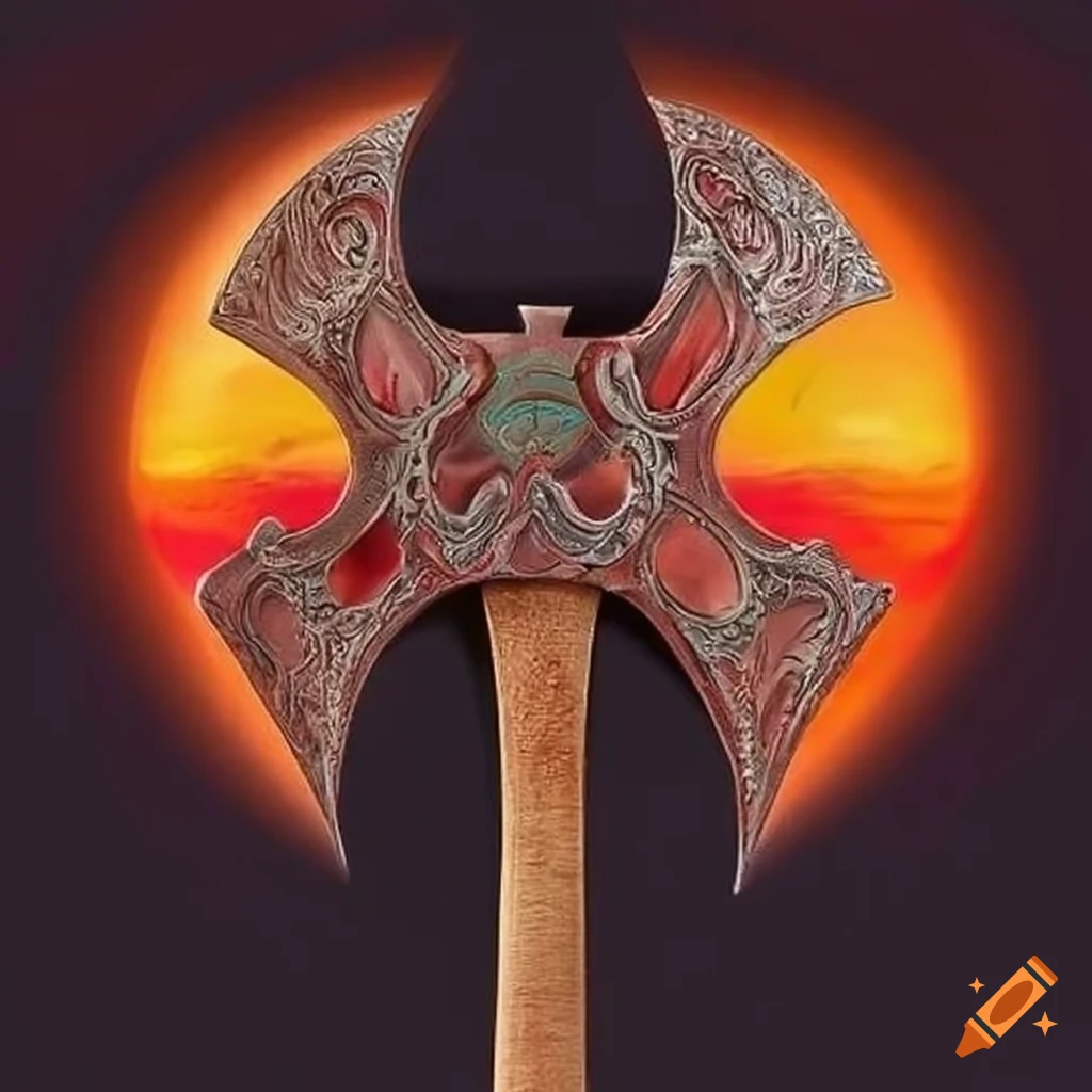 Intricately designed double-headed axe with a sunset theme on Craiyon