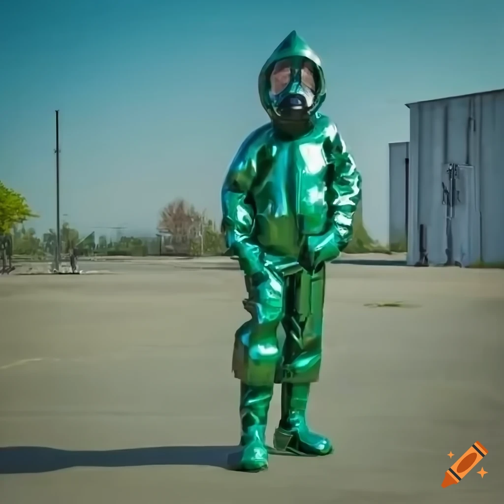 Kid in colorful shiny rubber suit with gasmask in action pose on Craiyon