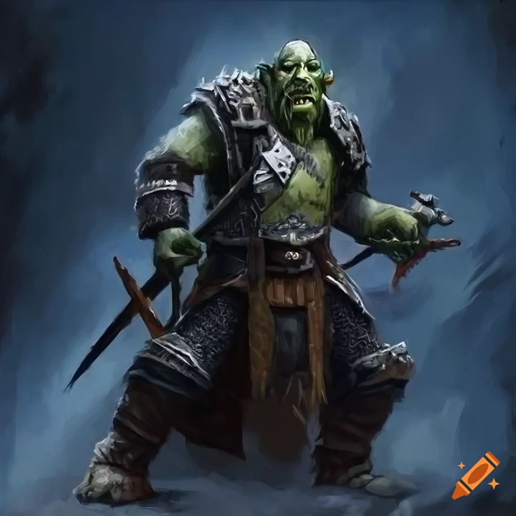 Skinny orc with armor in a detailed and rough painting, reminiscent of ...