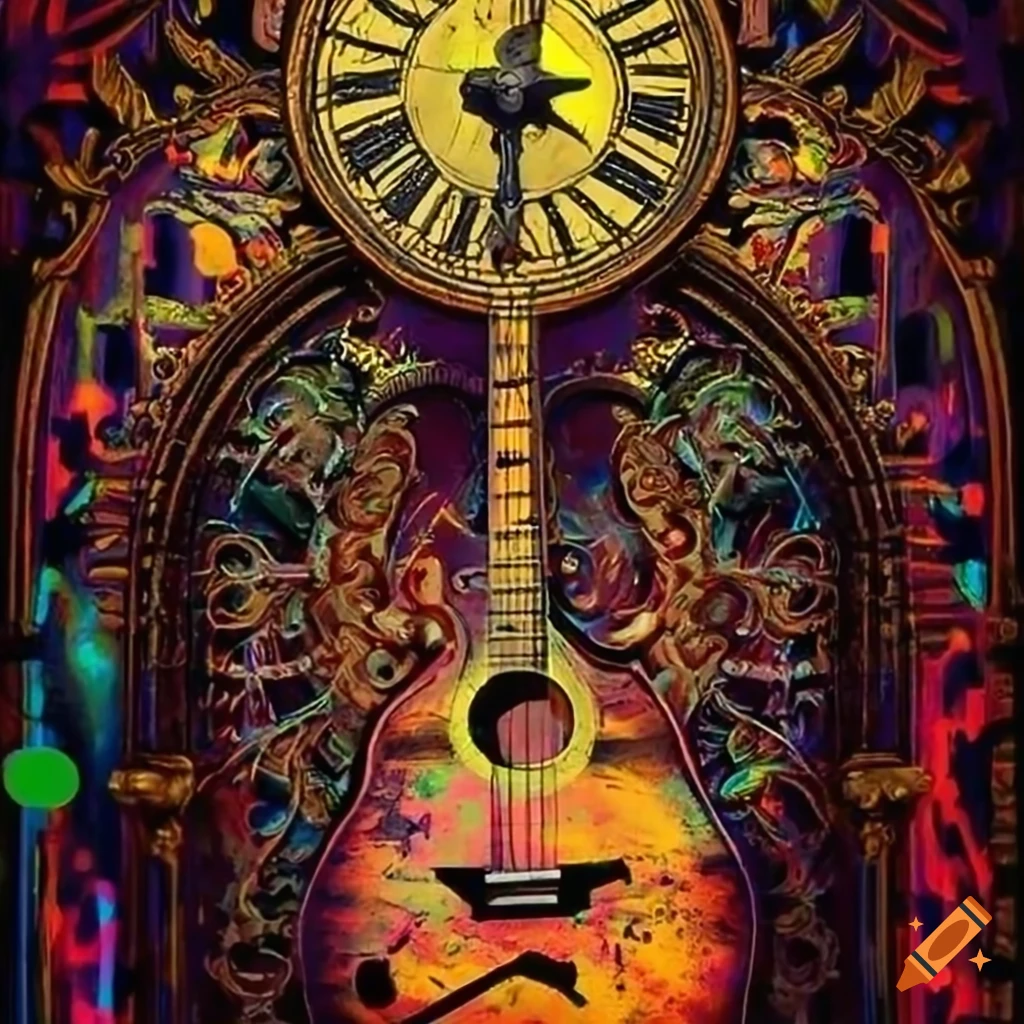 Ornate clock with Roman numerals and an acoustic guitar pendulum in a ...